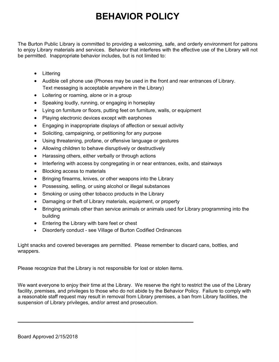 Behavior policy | Burton Public Library